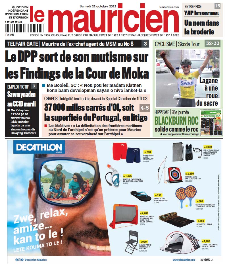 Le mauricien du 22 octobre 2022 | Le Mauricien