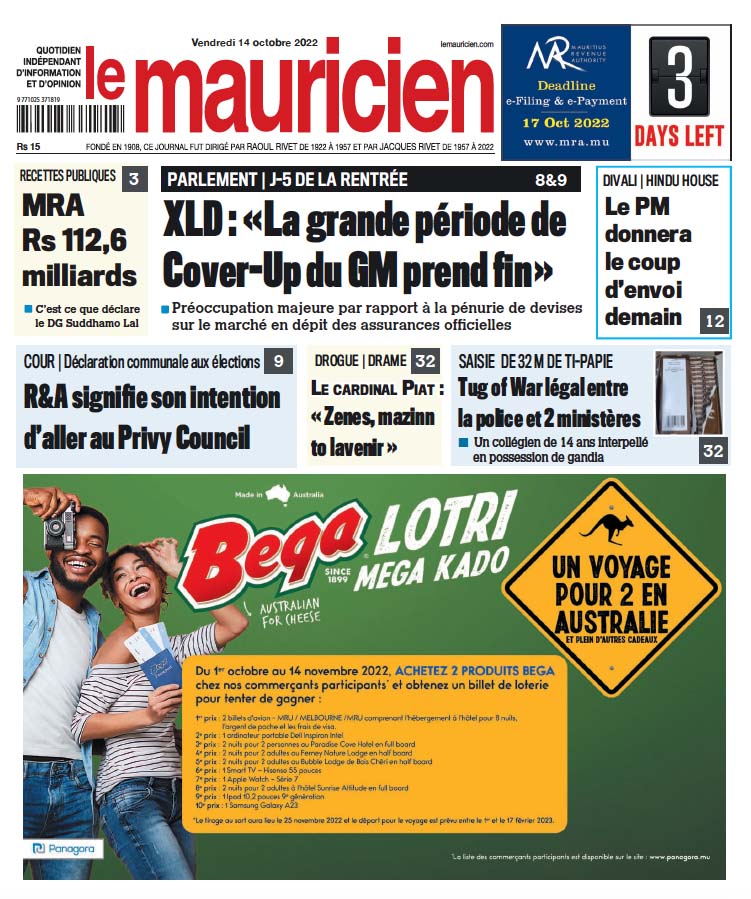 Le mauricien du 14 octobre 2022 | Le Mauricien